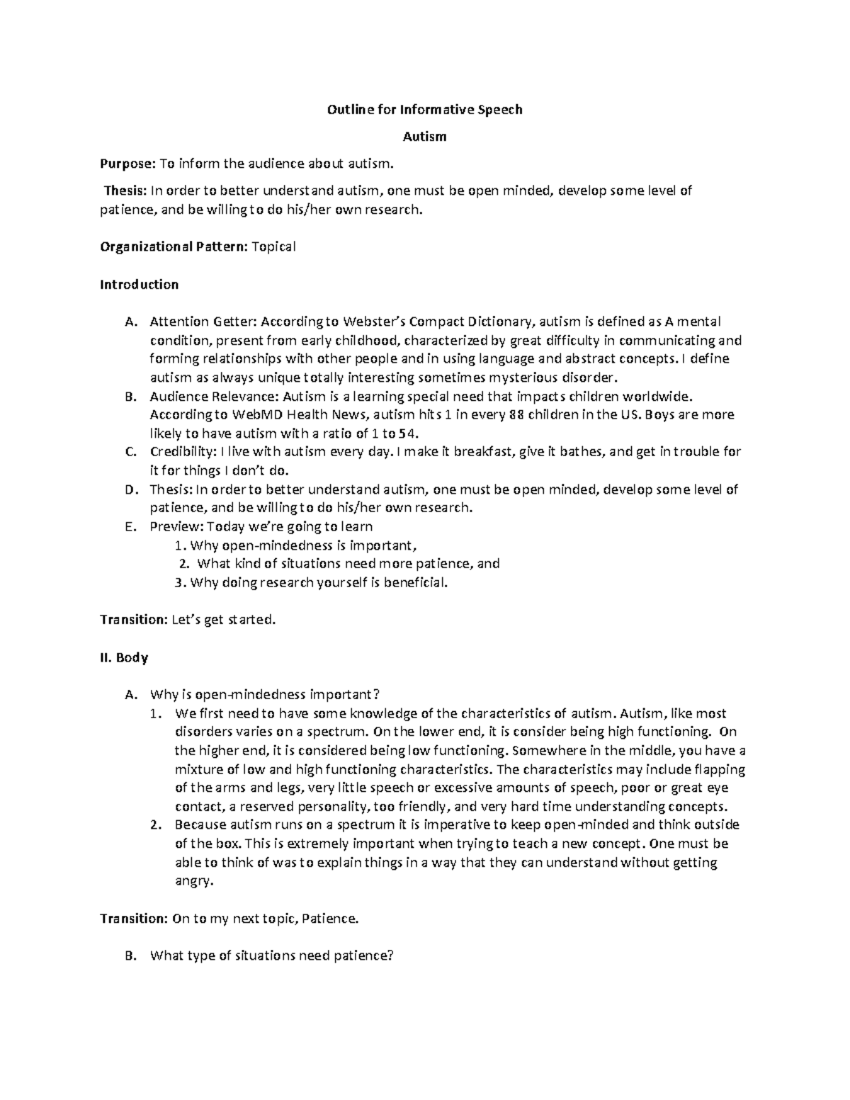 Informative speech outline - Outline for Informative Speech Autism ...