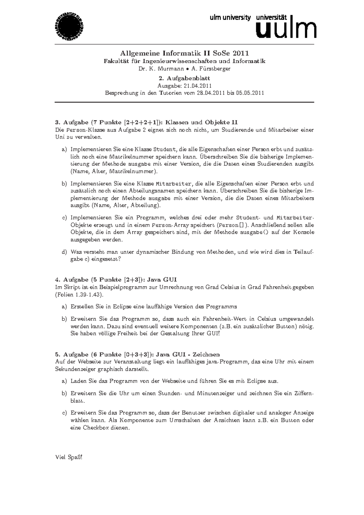 Blatt 2 - SS11 Übungsaufgaben - Allgemeine Informatik II SoSe 2011 ...