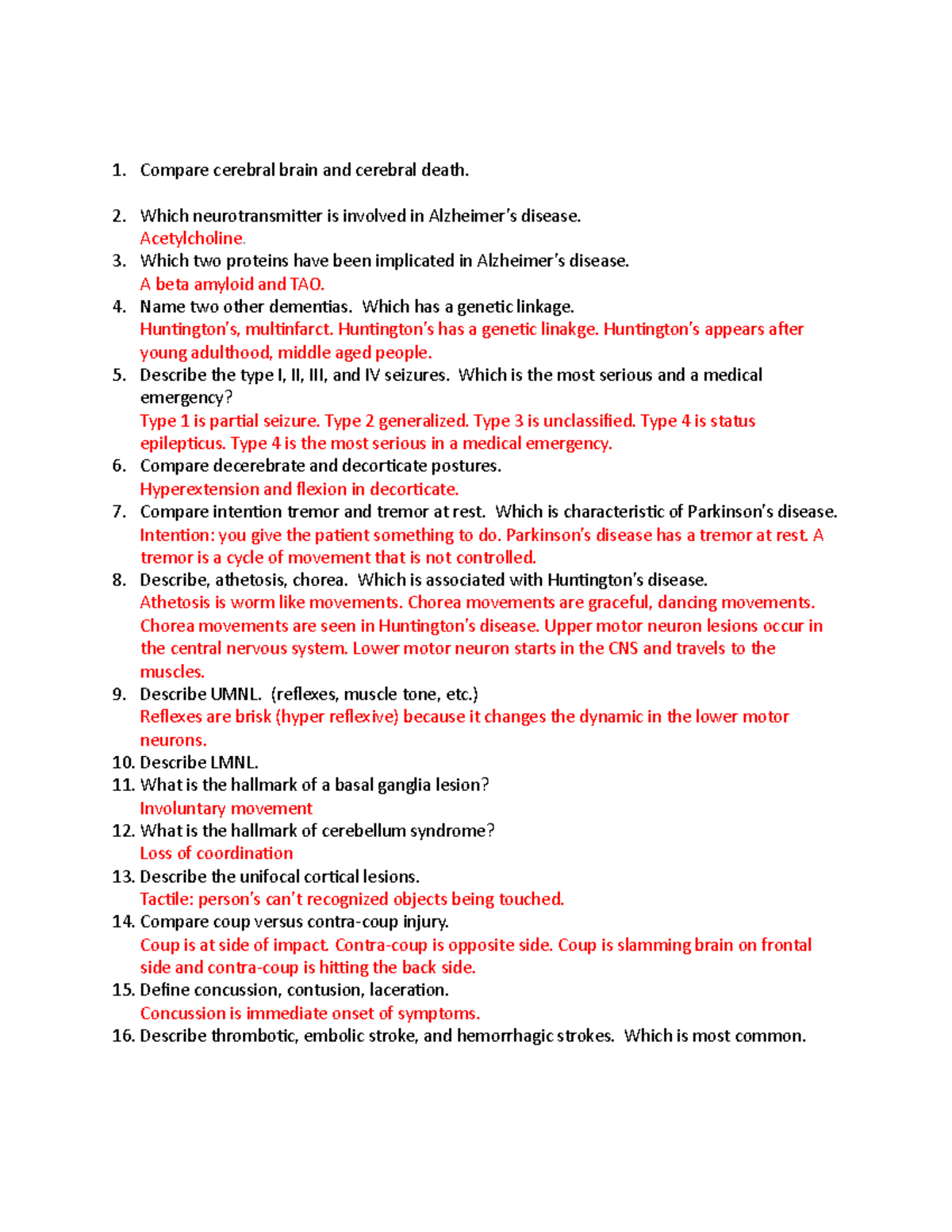Neurologic Dysfunction Study Questions - 1. Compare cerebral brain and ...