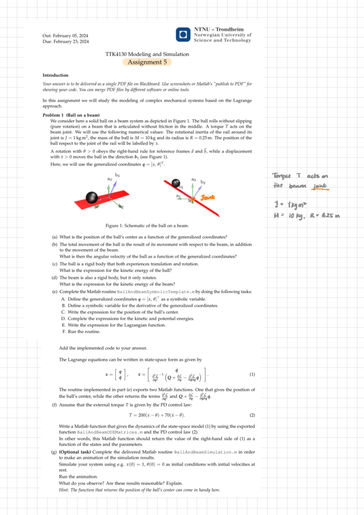 Modsim Assignment 5 - Torque T acts on the beam it 0 Joint J = 1kgm M = 10 kg , R = 0. 25 m 1a ...