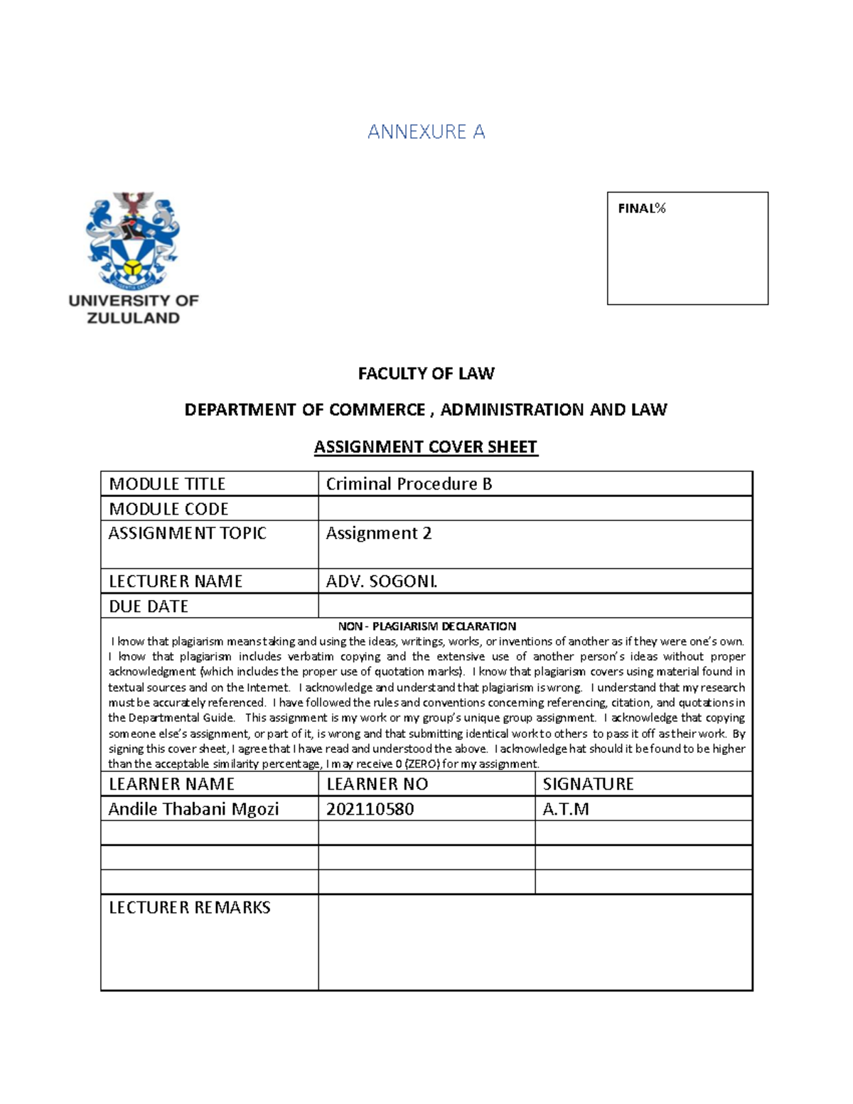 Criminal procedure Assignment Drafting - FINAL% ANNEXURE A FACULTY OF ...