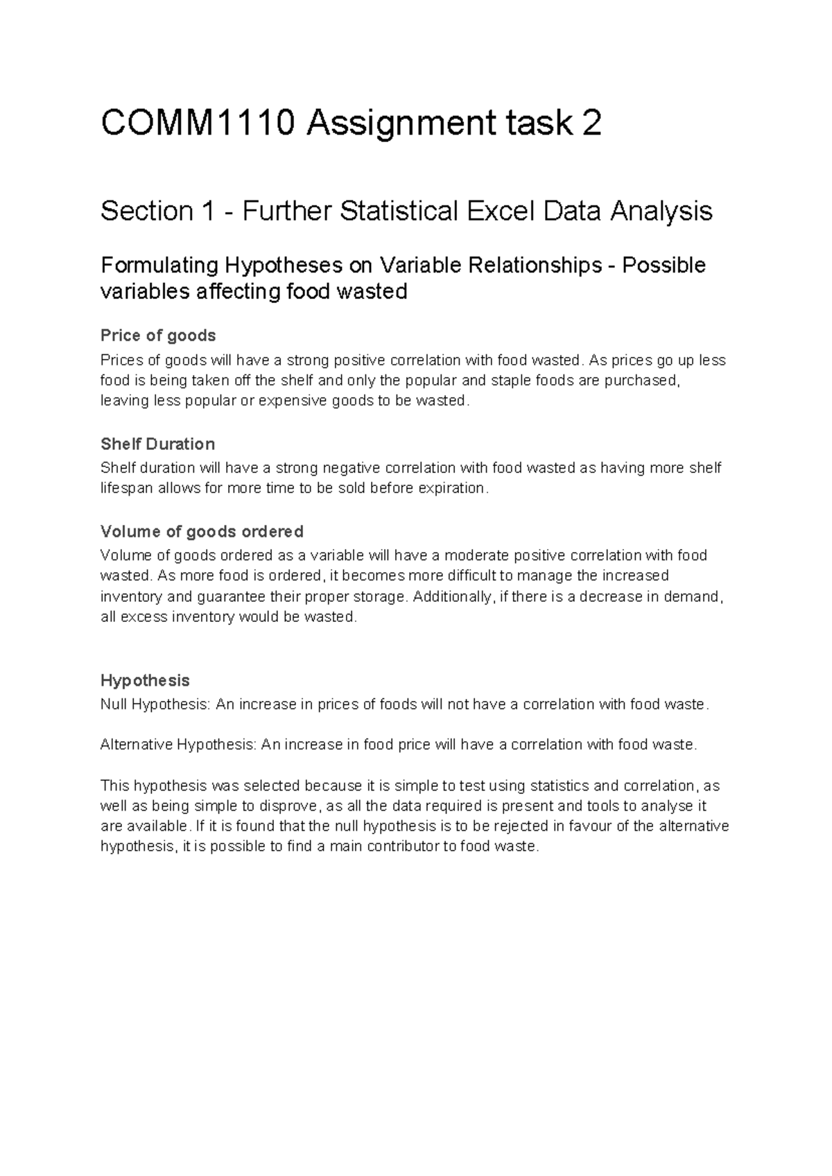 COMM1110 Assignment task 2 Further Statistical Excel Data Analysis - COMM1110 Assignment task 2 ...