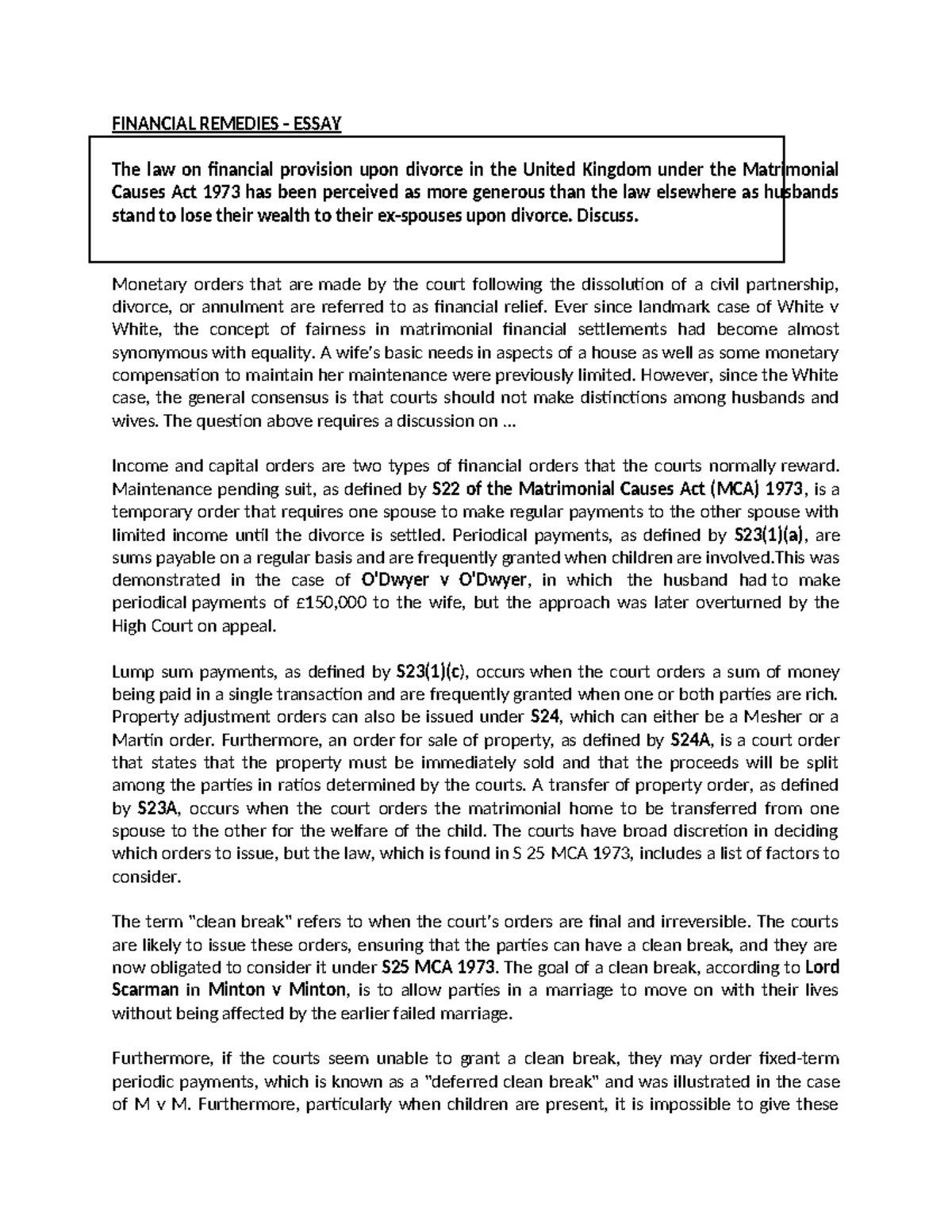 Financial Remedies - This essay has been paraphrased by another person ...