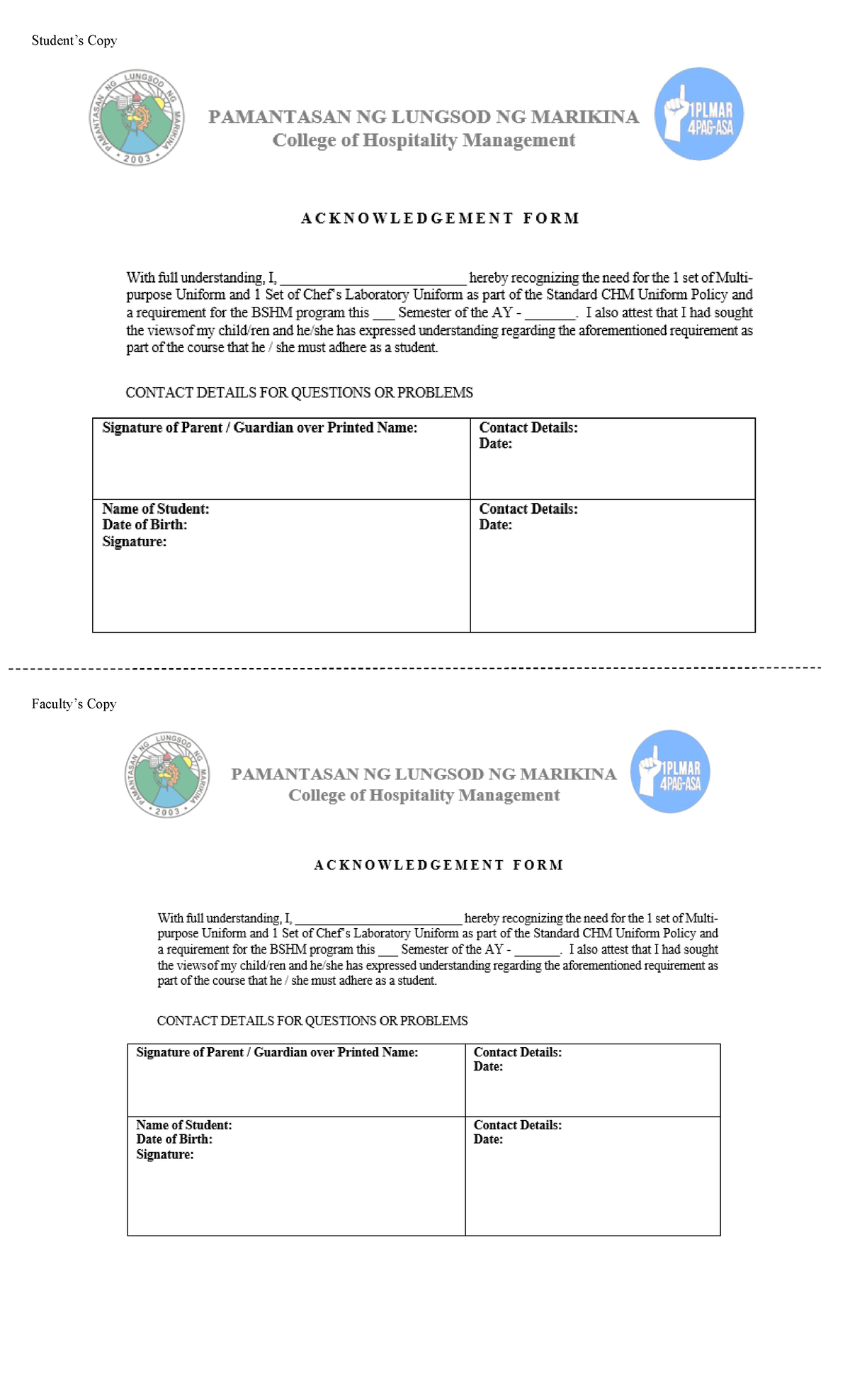 BSHM-Acknowledgement-Form long 1 - Fundamentals of Lodging Operations - Student’s Copy Faculty’s ...