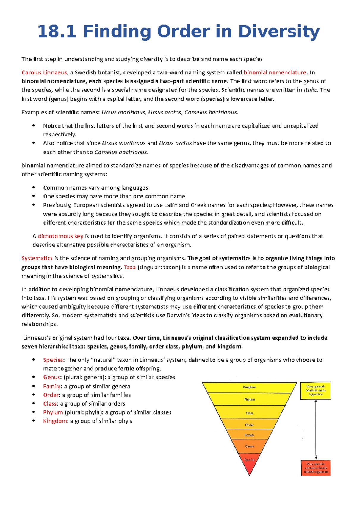 Chapter 18 Classification Summary - 18 Finding Order in Diversity The ...