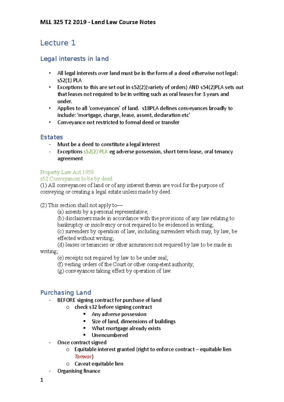 Land Law notes - lecture summaries - MLL 325 T2 2019 - Land Law Course ...