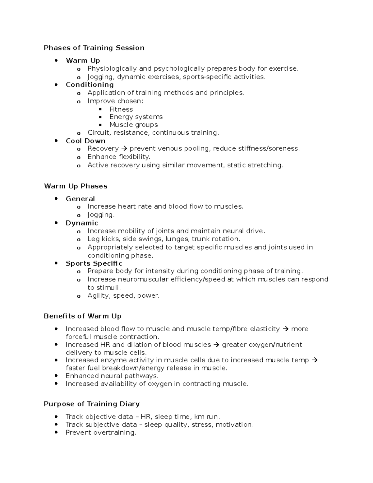 PE Training Principles - Phases of Training Session Warm Up o ...