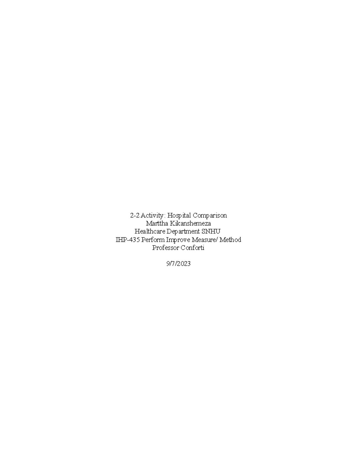 IHP-435 Module Two Activity - 2-2 Activity: Hospital Comparison Marttha ...