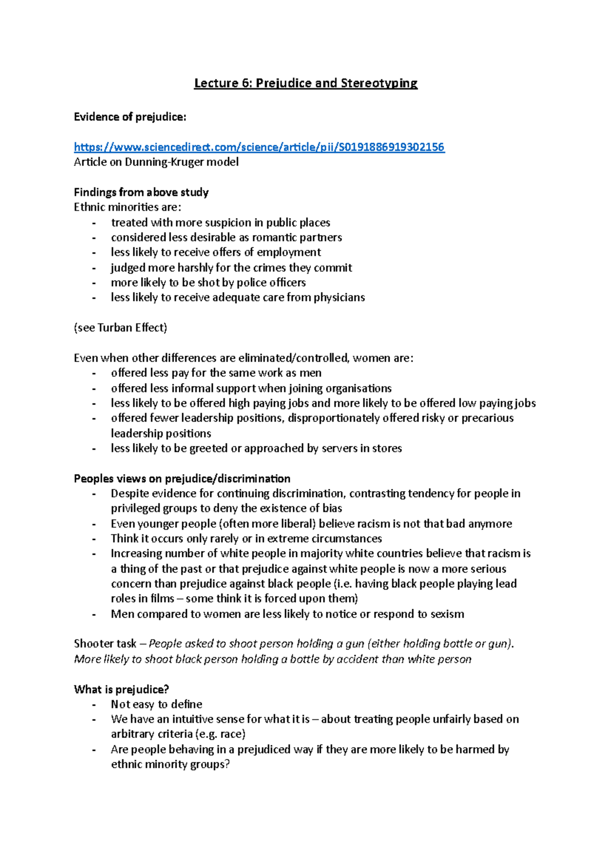 Social Lecture 6 - Prejudice and Stereotyping - Lecture 6: Prejudice and Stereotyping Evidence ...