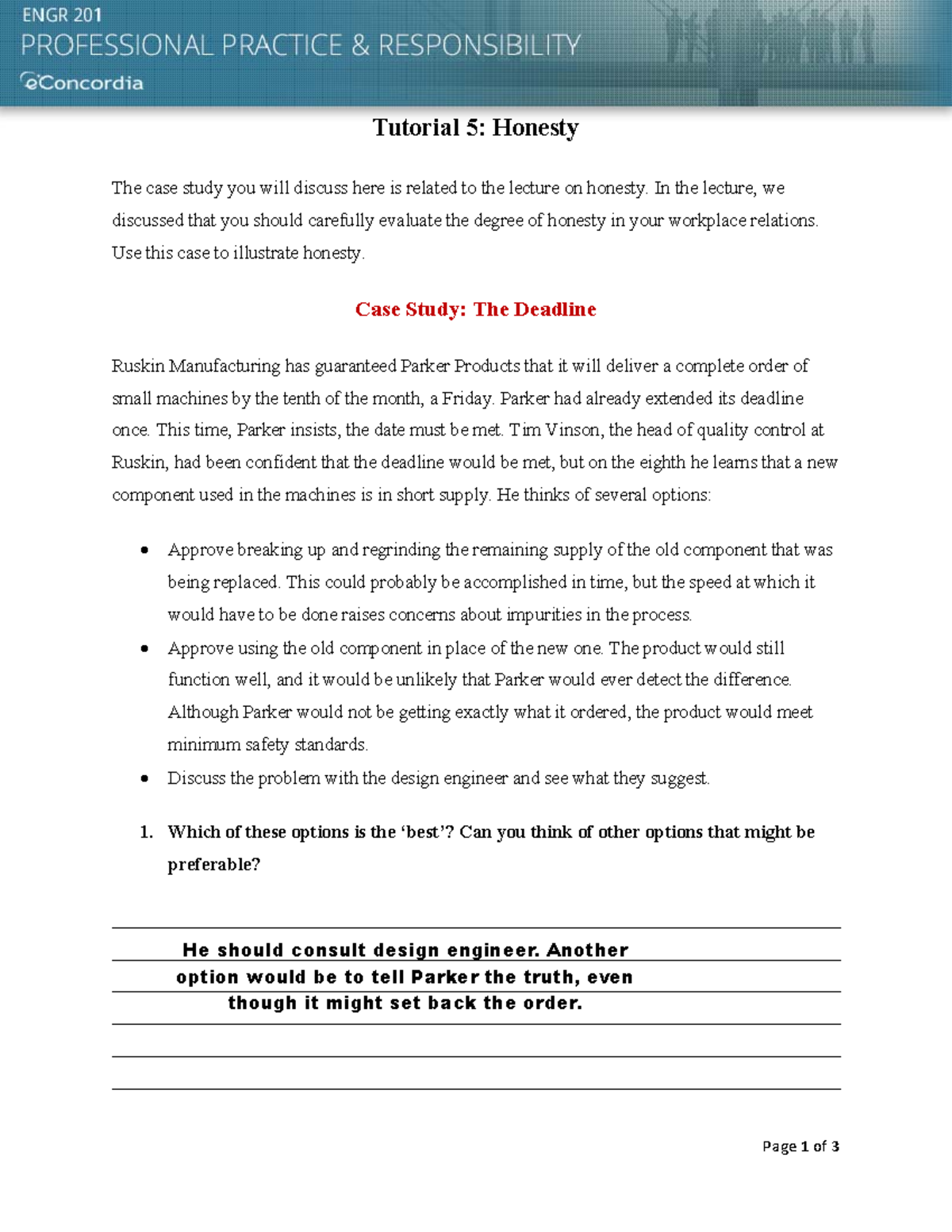 ENGR201 Tutorial 5 - Page 1 of 3 Tutorial 5: Honesty The case study you ...