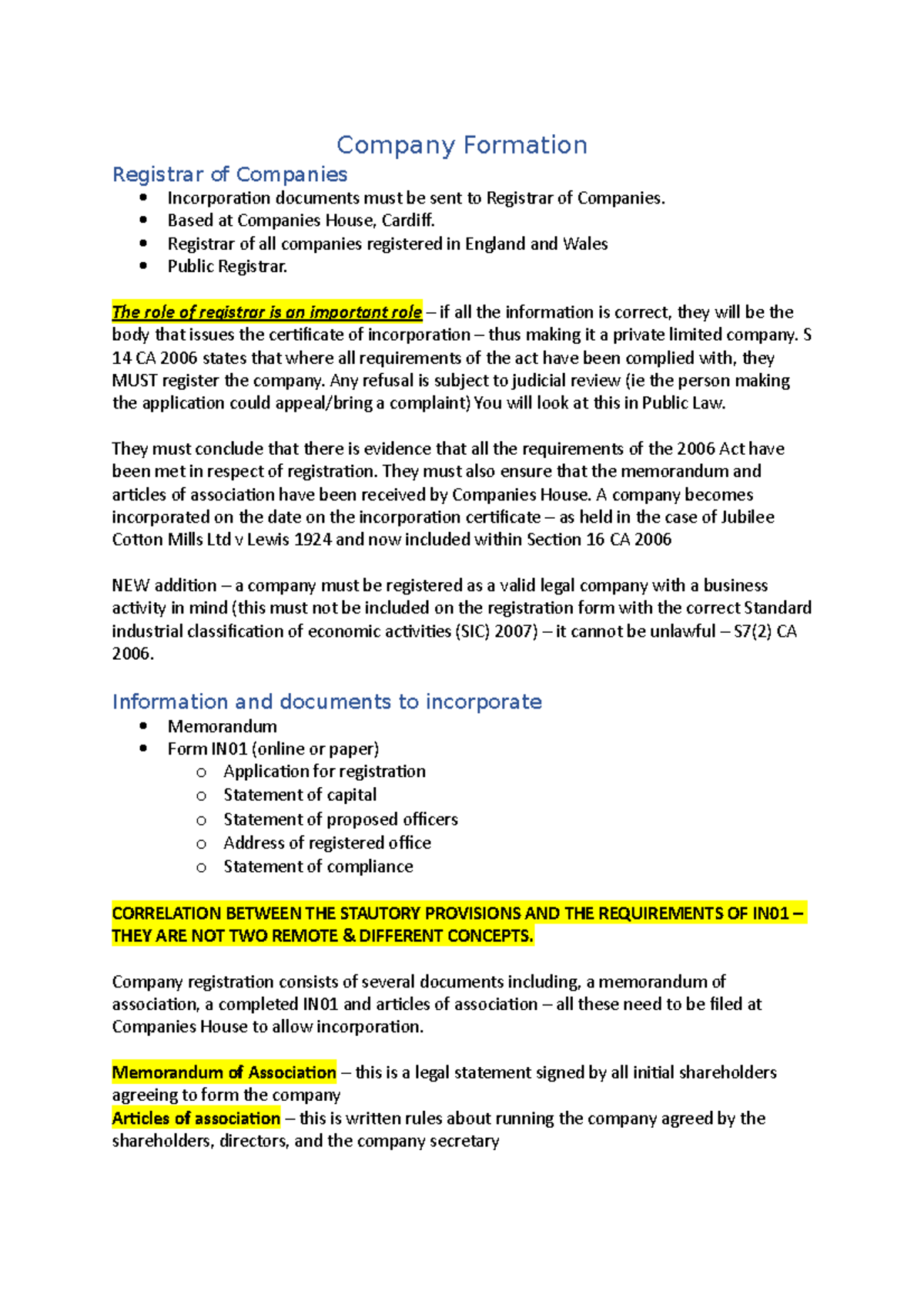 Company Formation - Lecture 3 notes - Company Formation Registrar of ...