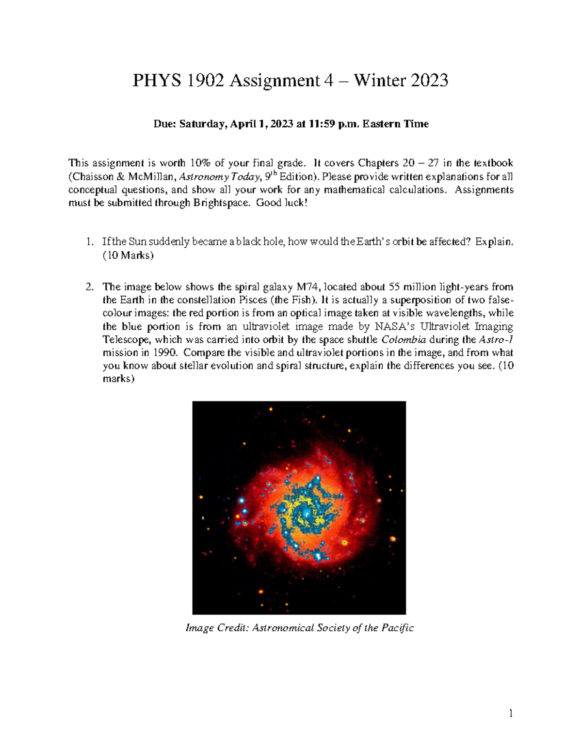 PHYS 1902 W23 Assignment 4 - 1 PHYS 1902 Assignment 4 – Winter 2023 Due: Saturday, April 1, 2023 ...