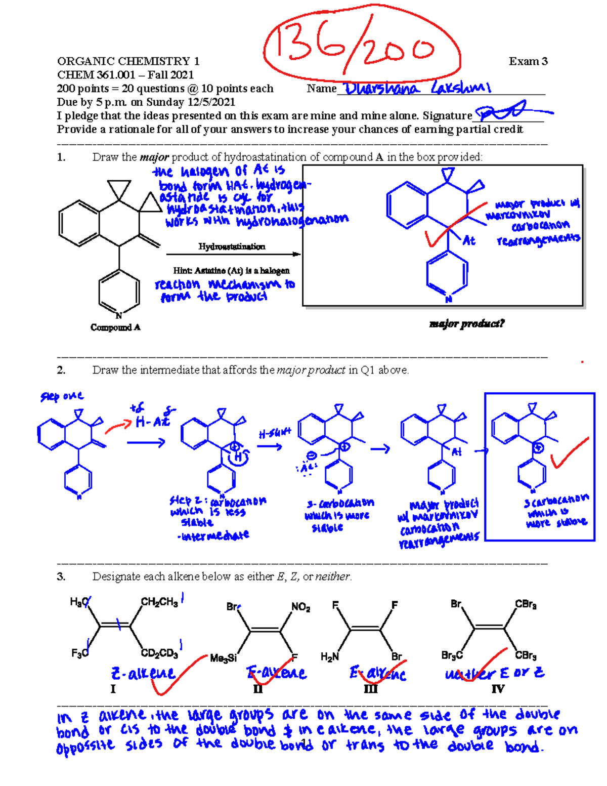 Exam3 -graded Fall 2021 - 1 **ORGANIC CHEMISTRY 1 Exam 3 CHEM 361 3 Fall 2021 200 points = 20 ...