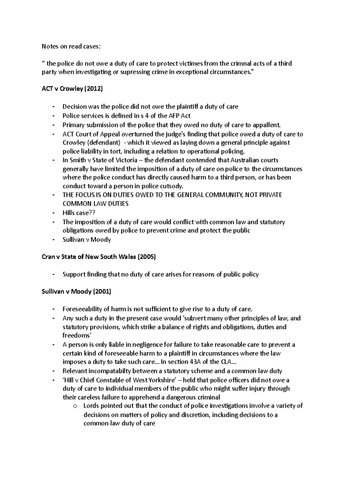 Notes on read cases - Notes on read cases: “ the police do not owe a ...