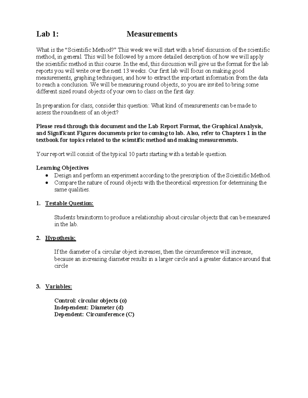 Lab 1 - lab 1 - Lab 1 : Measurements What is the “Scientific Method ...