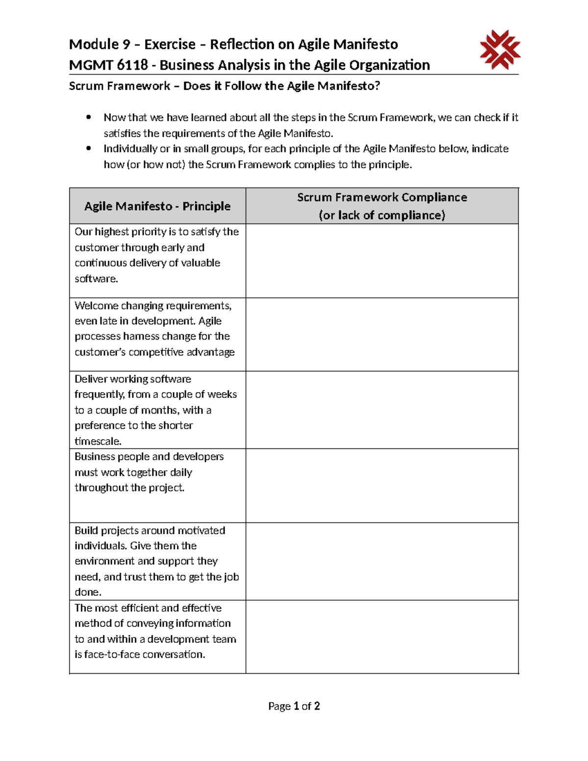 M9 Exercise - Reflection on Agile Manifesto - Module 9 – Exercise ...