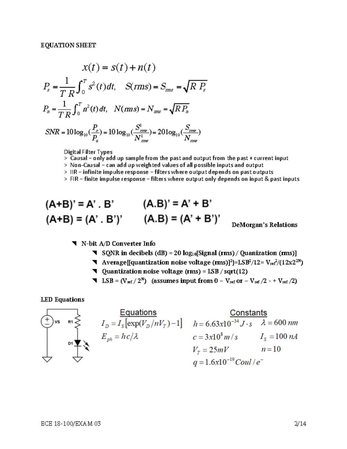Exam03 EQN Sheet v1 - Both the Real and Imaginary part of are important ...