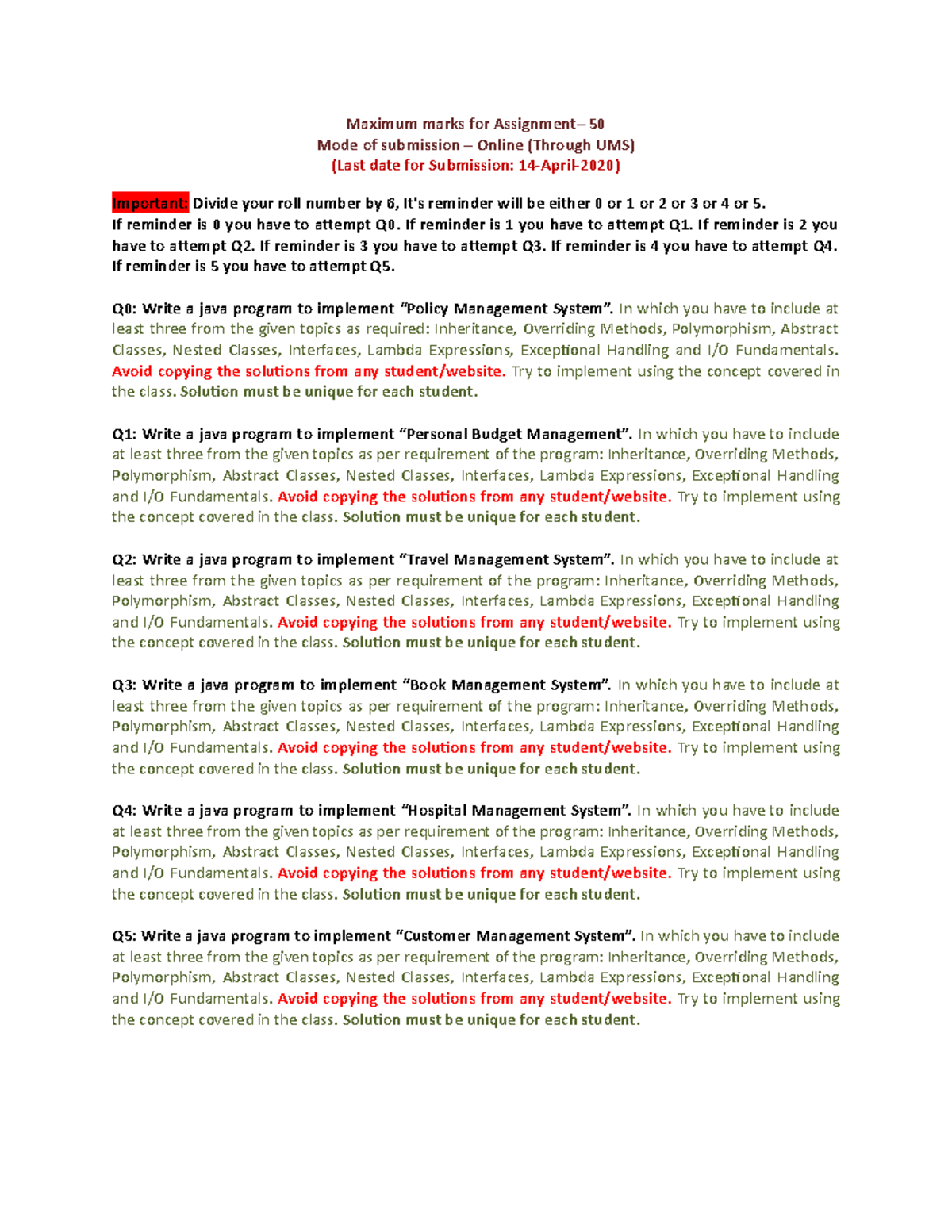 A1788018419 20260 3 2020 Assignment CSE310 C - Maximum marks for ...