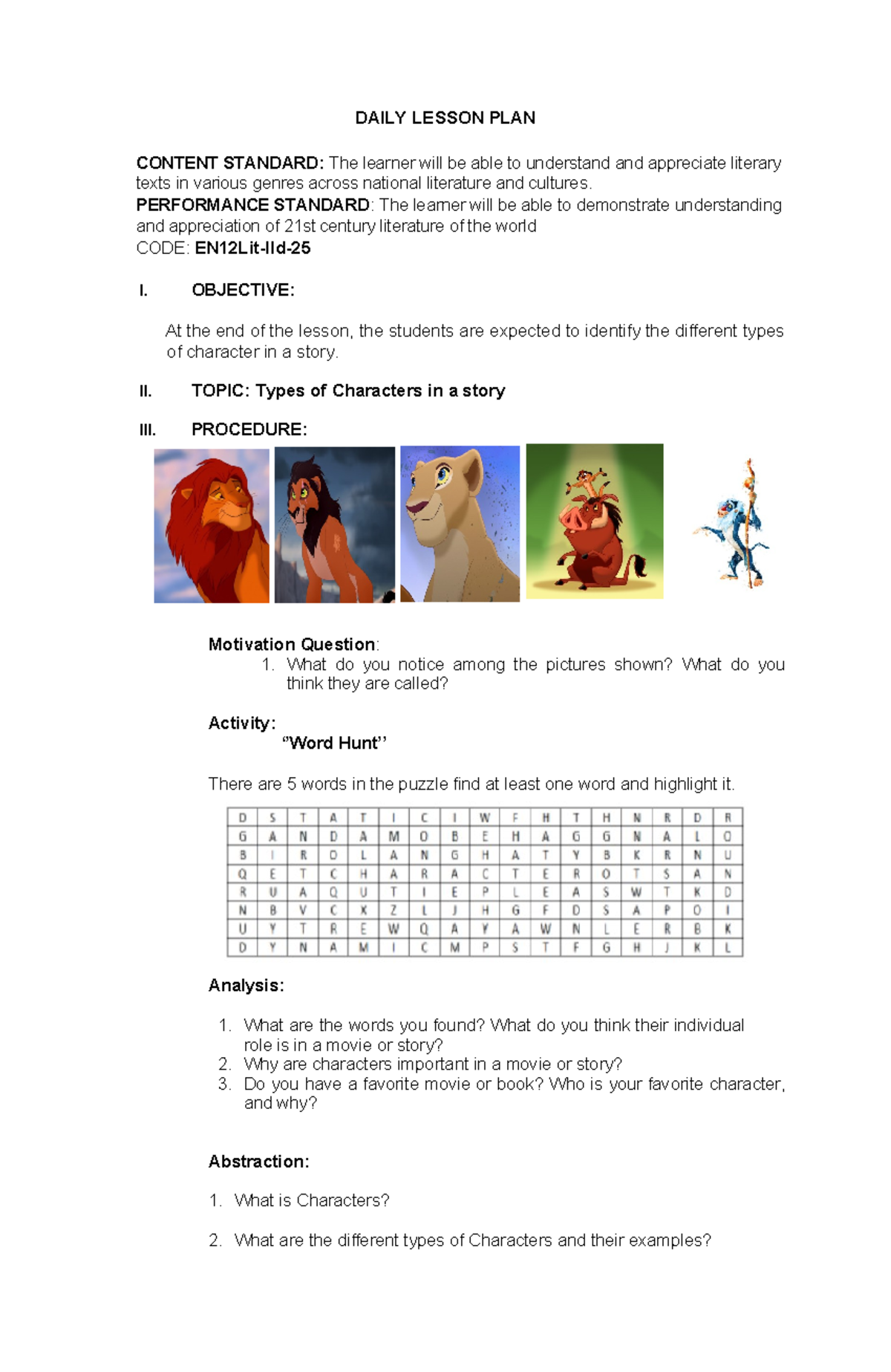 Types OF Characters - DAILY LESSON PLAN CONTENT STANDARD: The learner ...