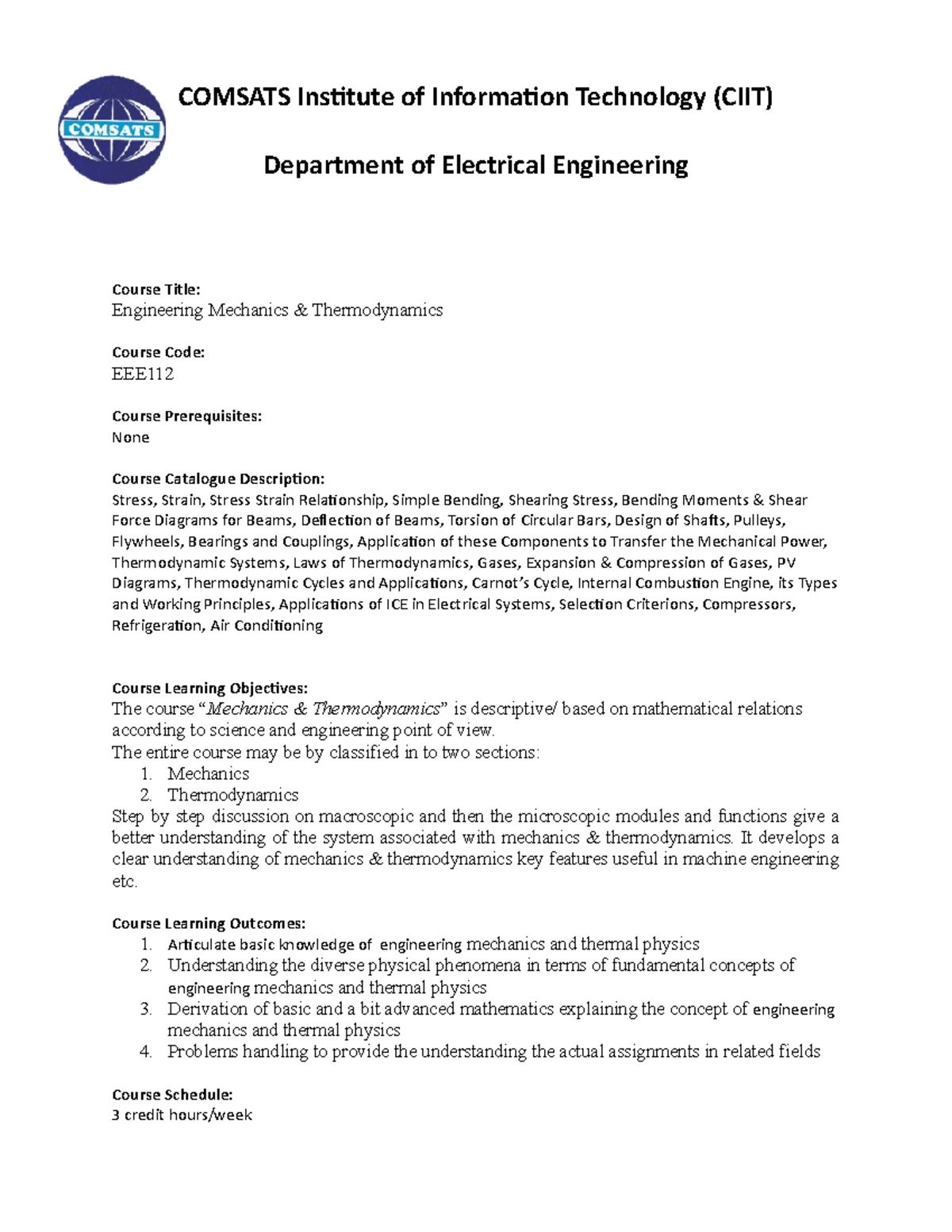 Course Description and coure contents for first sessional - COMSATS ...