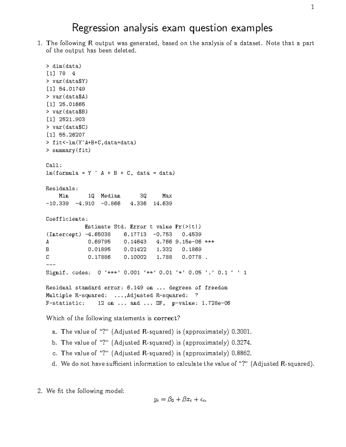 LM Regression Analysis exam question examples - 1 Regression analysis ...