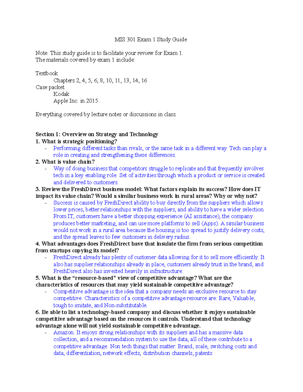 MIS Exam 1 study guide - MIS 301 Exam 1 Study Guide Note: This study ...