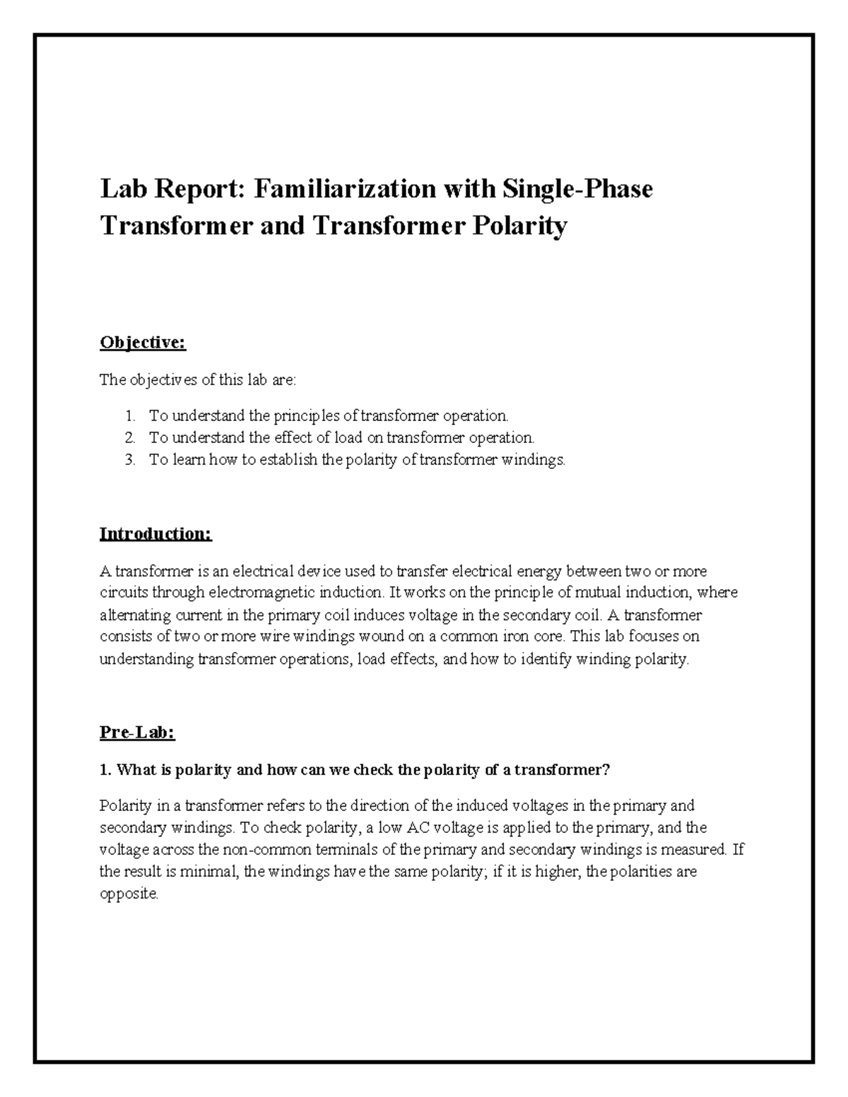 Electric machines lab report 02 - Lab Report: Familiarization with ...