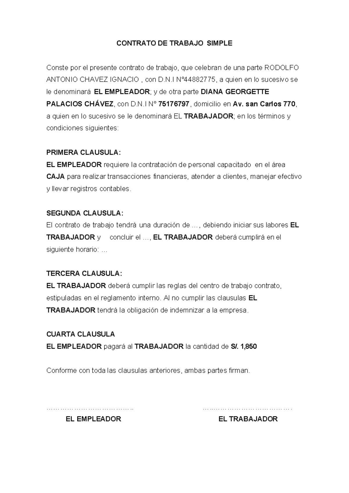 Contrato DE Trabajo Simple - CONTRATO DE TRABAJO SIMPLE Conste por el ...