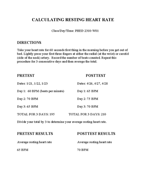 Calculating Resting Heart RATE - CALCULATING RESTING HEART RATE Class ...