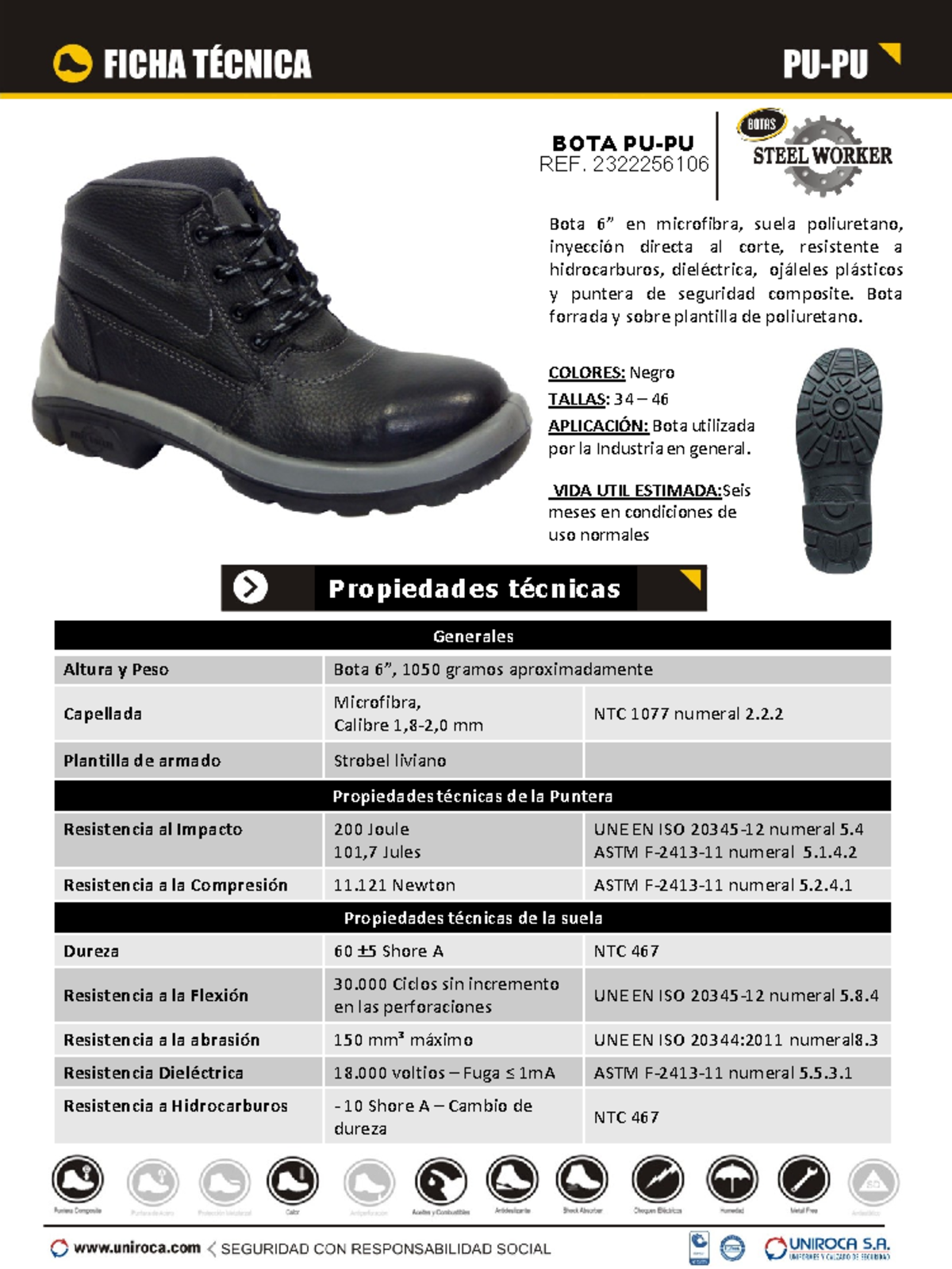 1. Ficha Tecnica DE Botas DE Seguridad - Propiedades técnicas Bota 6 ” en microfibra, suela ...