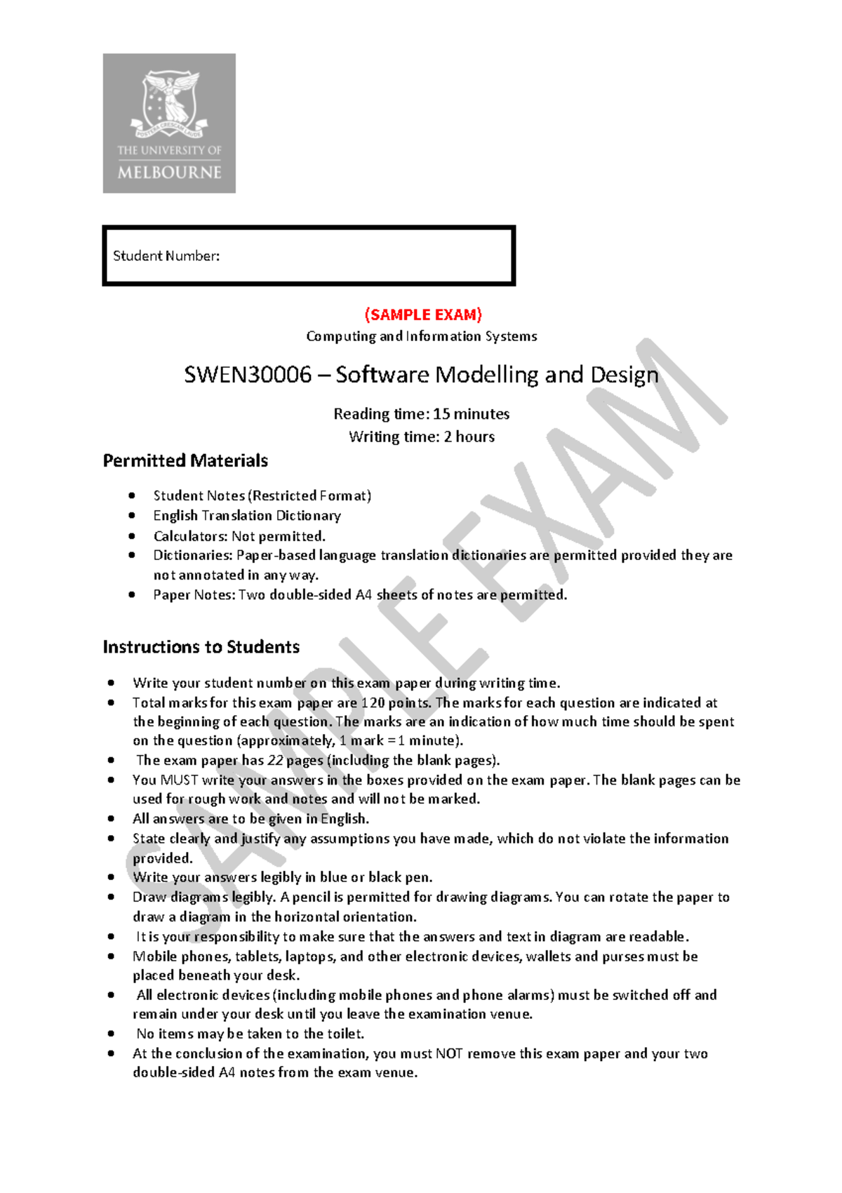 SWEN30006-Sample Exam2023 - Student Number: (SAMPLE EXAM) Computing and Information Systems ...