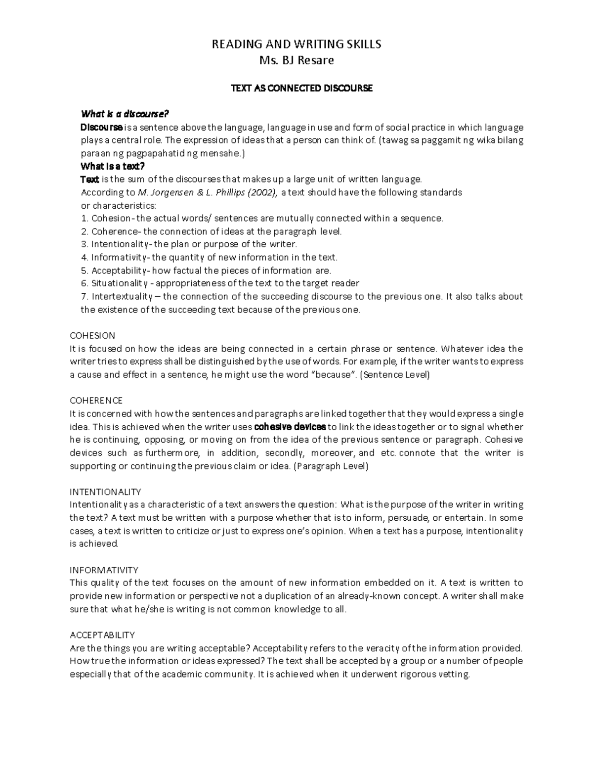 Inbound 3707304624628650103 - READING AND WRITING SKILLS Ms. BJ Resare TEXT AS CONNECTED ...