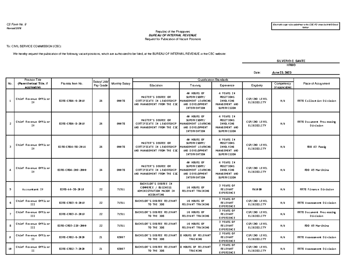 06 23 2023 BIR Publication - CS Form No. 9 Revised 2018 To: CIVIL ...