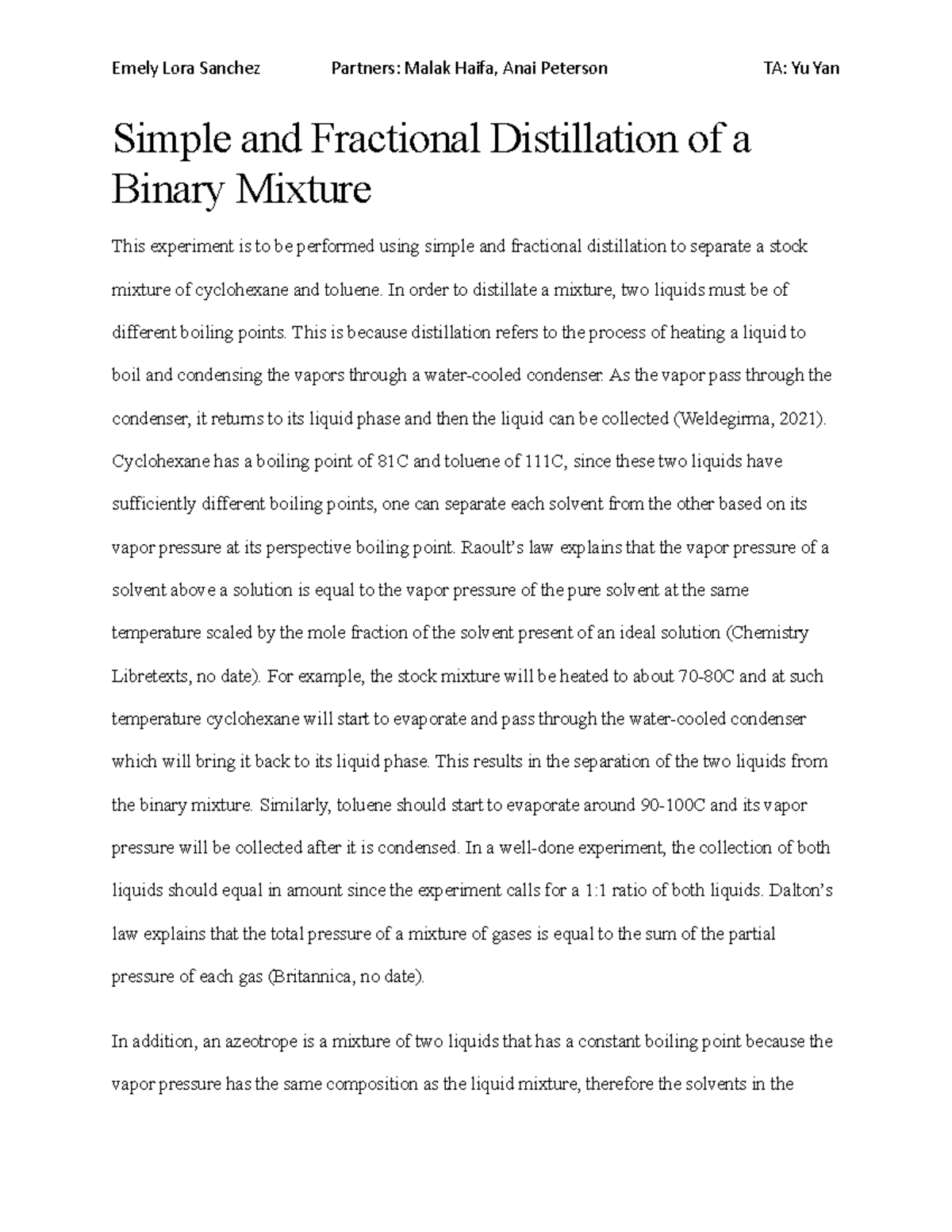Simple and fractional distillation of a binary mixture - CHM2210L - USF ...