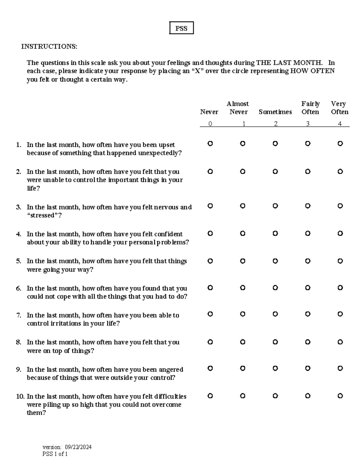 Pss 10 item - Perceived Stress Scale - PSS INSTRUCTIONS: The questions ...