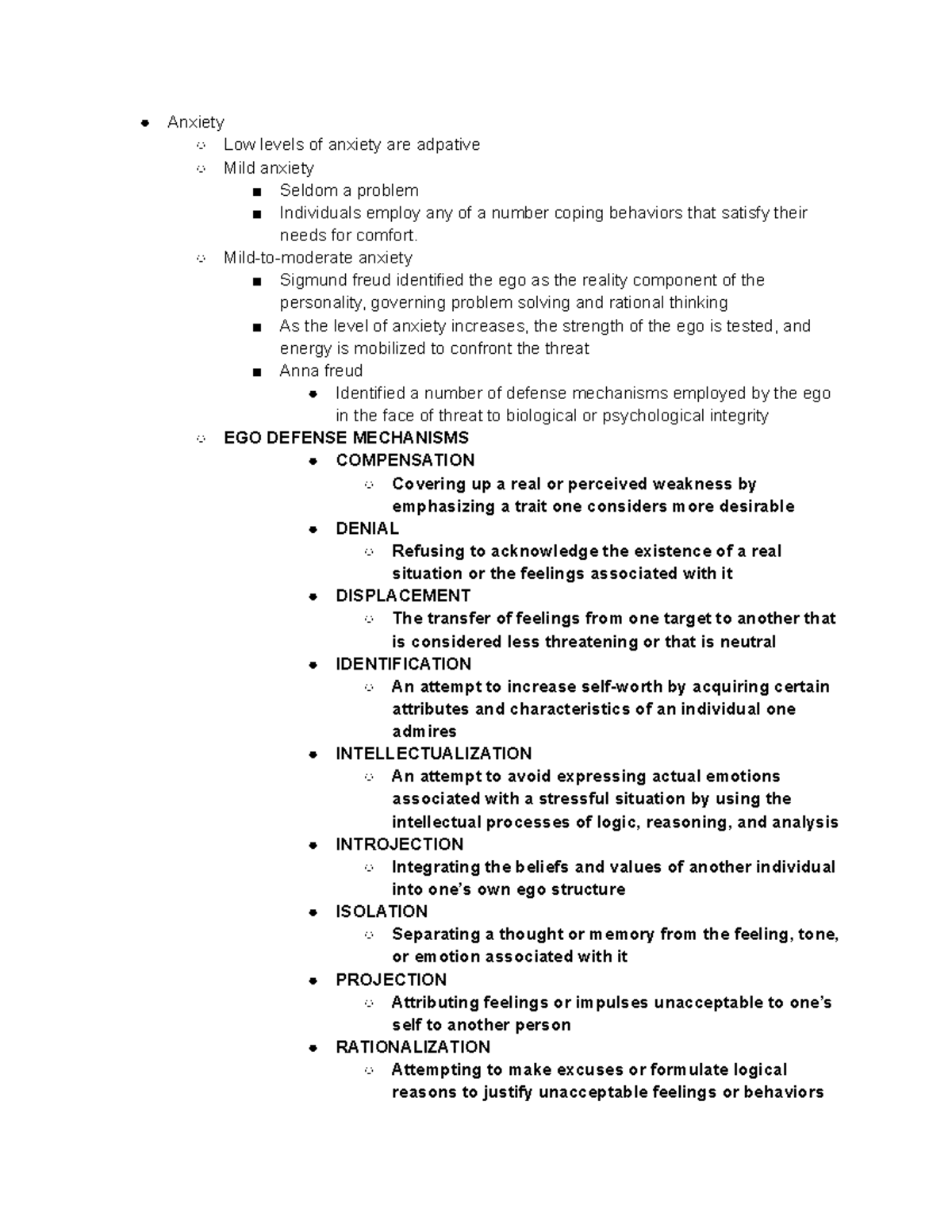 MH week 1 - Notes - Anxiety Low levels of anxiety are adpative Mild ...