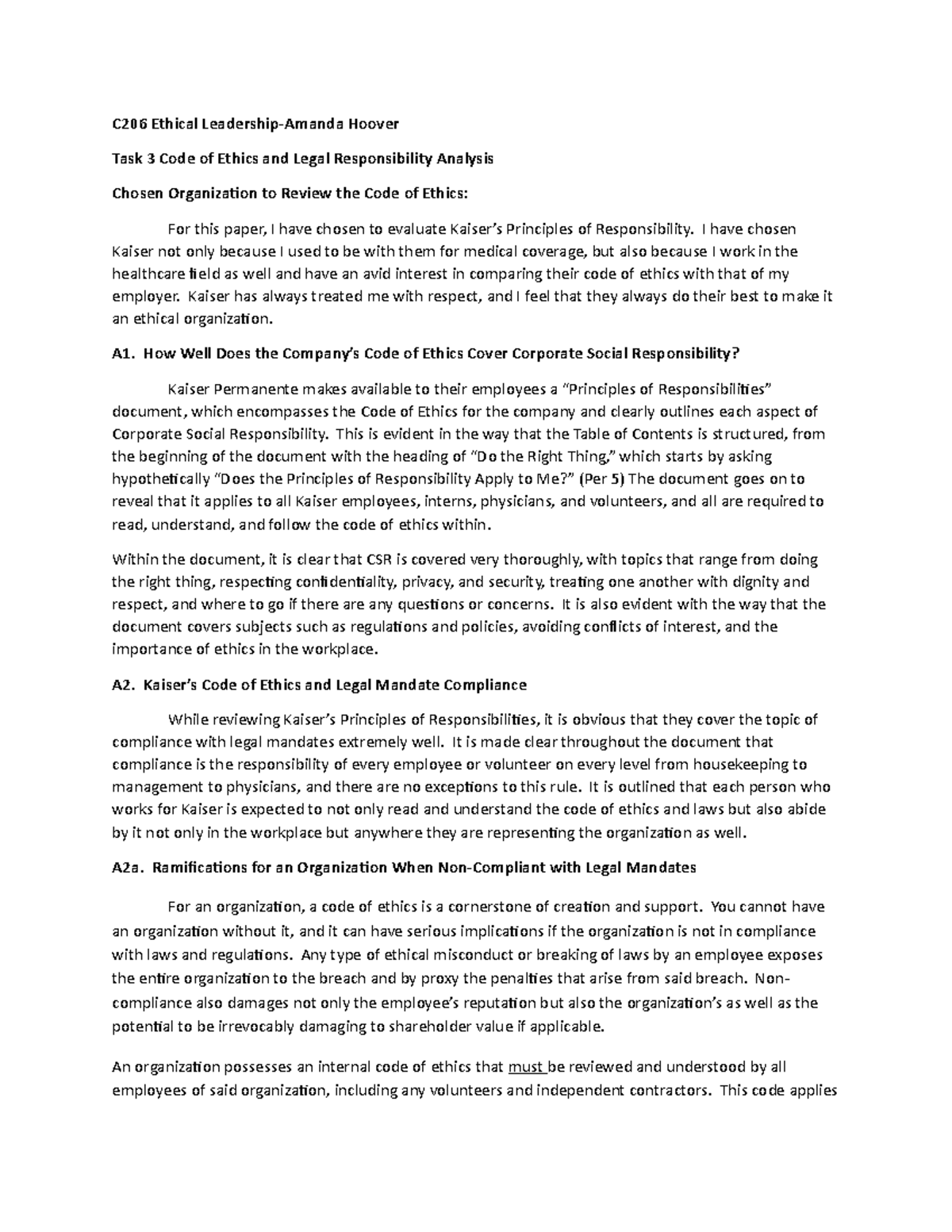 Amanda Hoover EHM1 Task 3 Code of Ethics and Legal Responsibility Analysis - C206 Ethical - Studocu