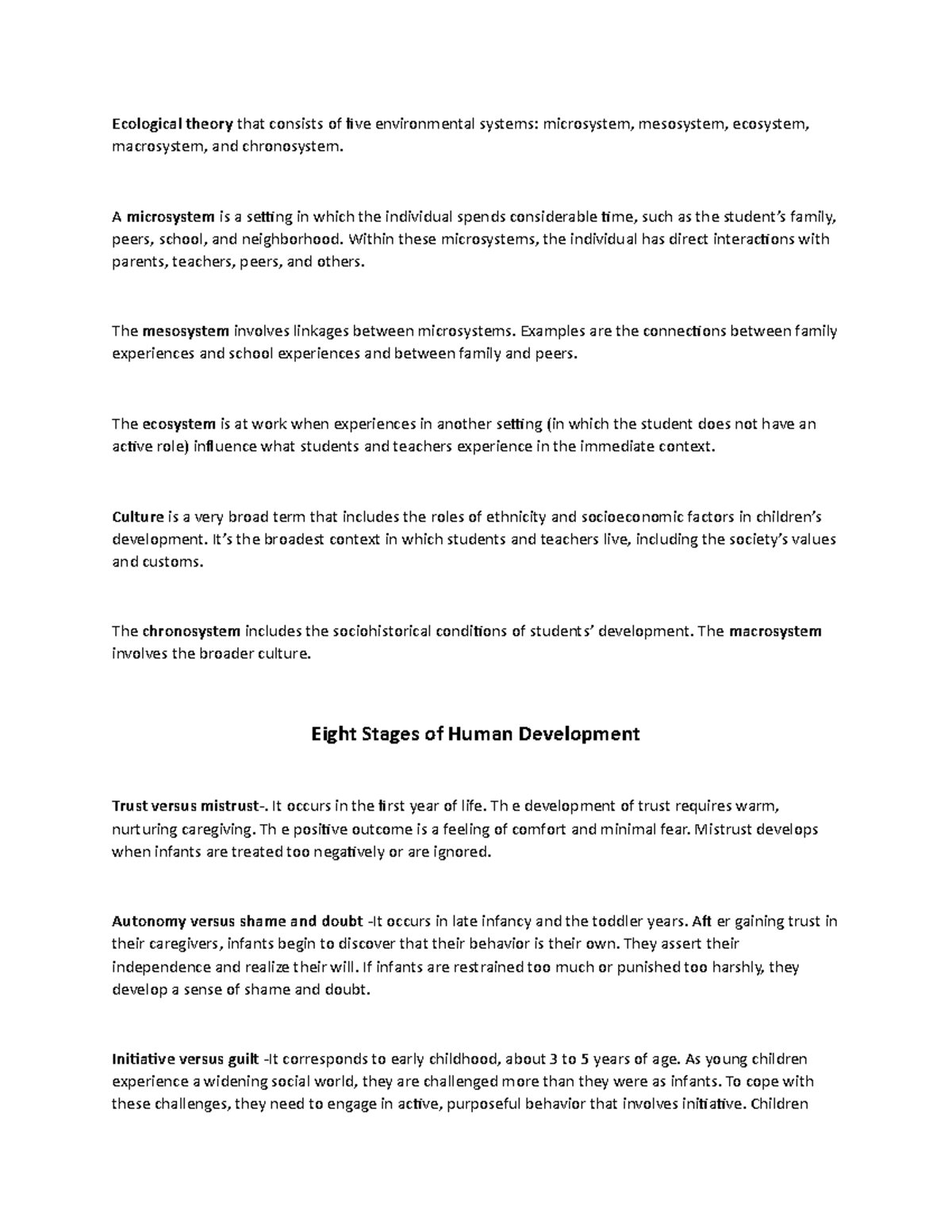 8 stages of human development - Ecological theory that consists of five ...