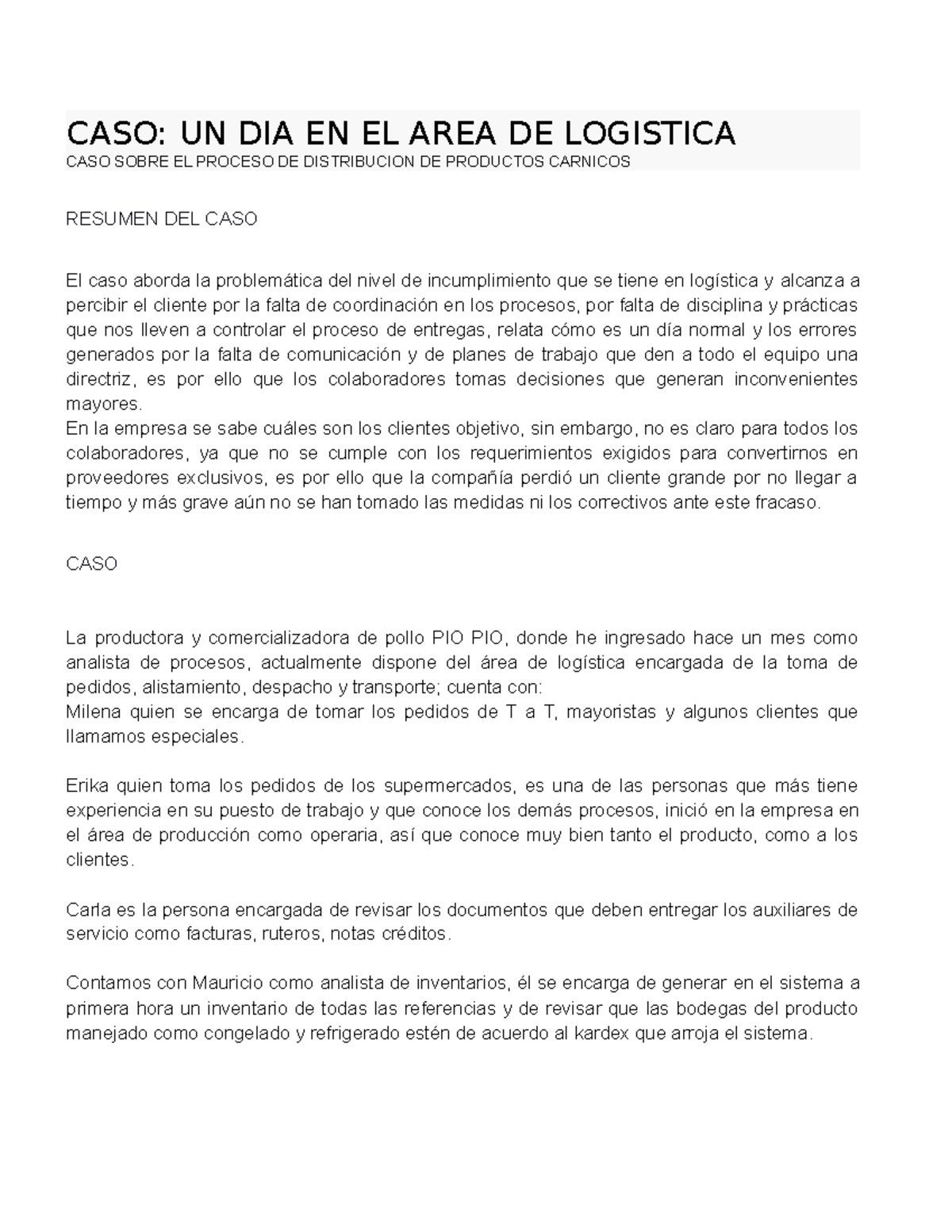 CASO un dia en el area de logística - CASO: UN DIA EN EL AREA DE ...