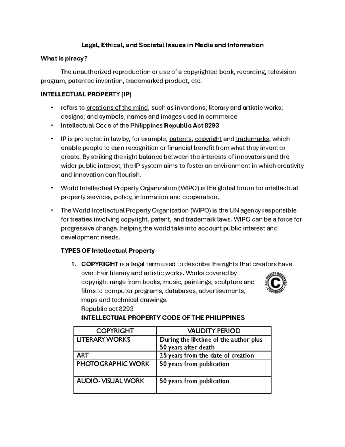 Legal Ethical and Societal Issues - INTELLECTUAL PROPERTY (IP) refers ...