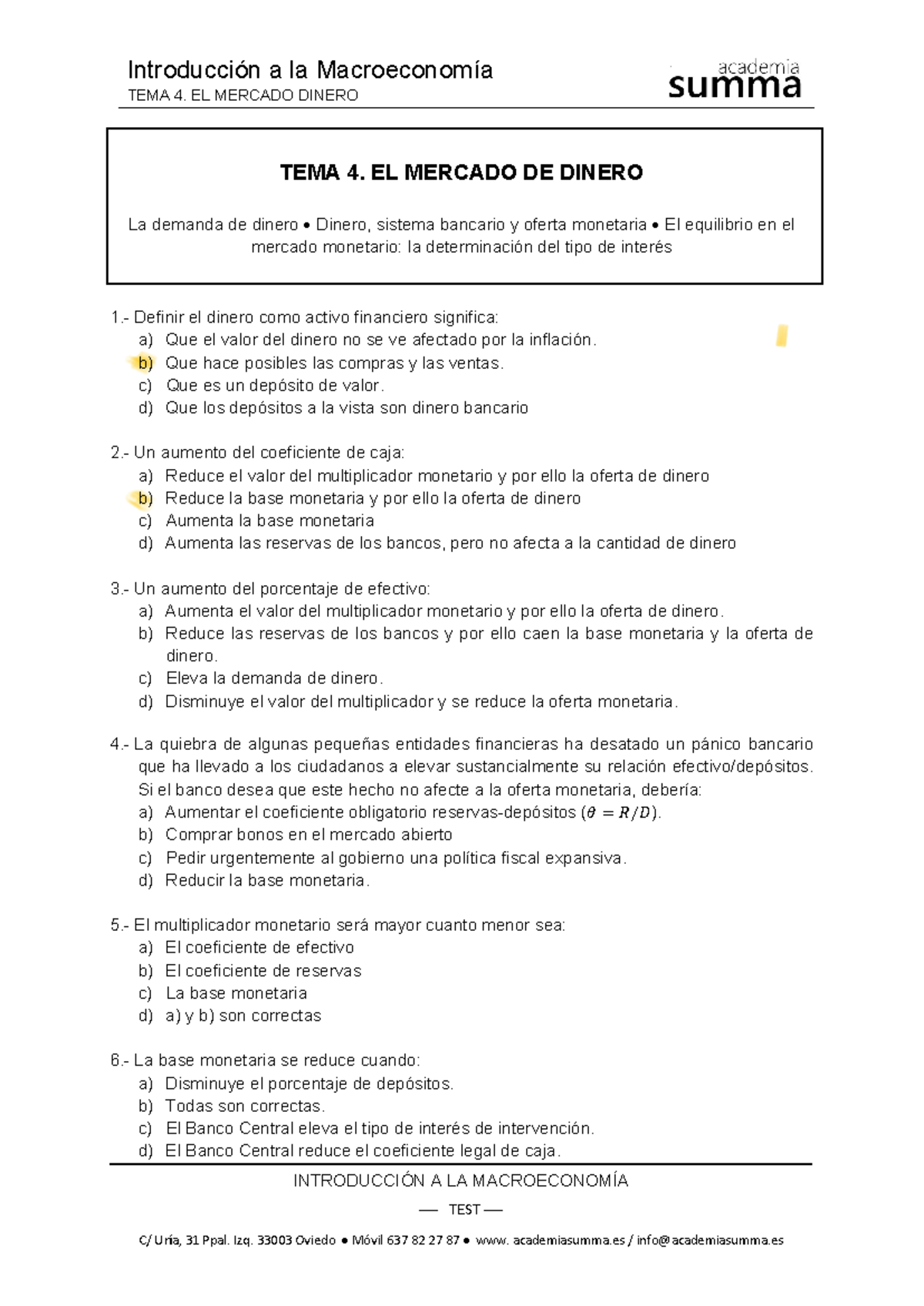 Test Mercado de dinero - TEMA 4. EL MERCADO DINERO INTRODUCCIÓN A LA ...