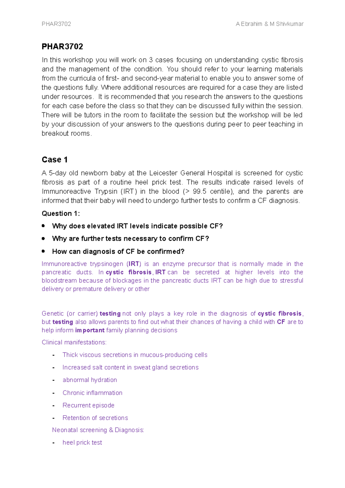 PHAR3702-CF Case Studies-Bb - PHAR In this workshop you will work on 3 cases focusing on - Studocu