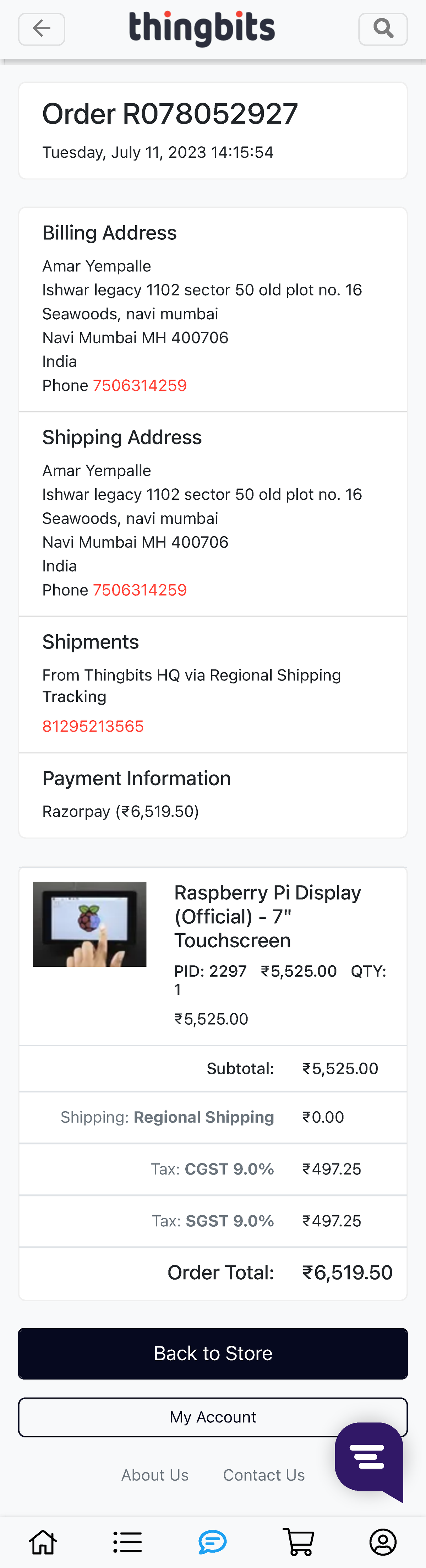 Order R078052927 - Thingbits Electronics - Back to Store My Account ...
