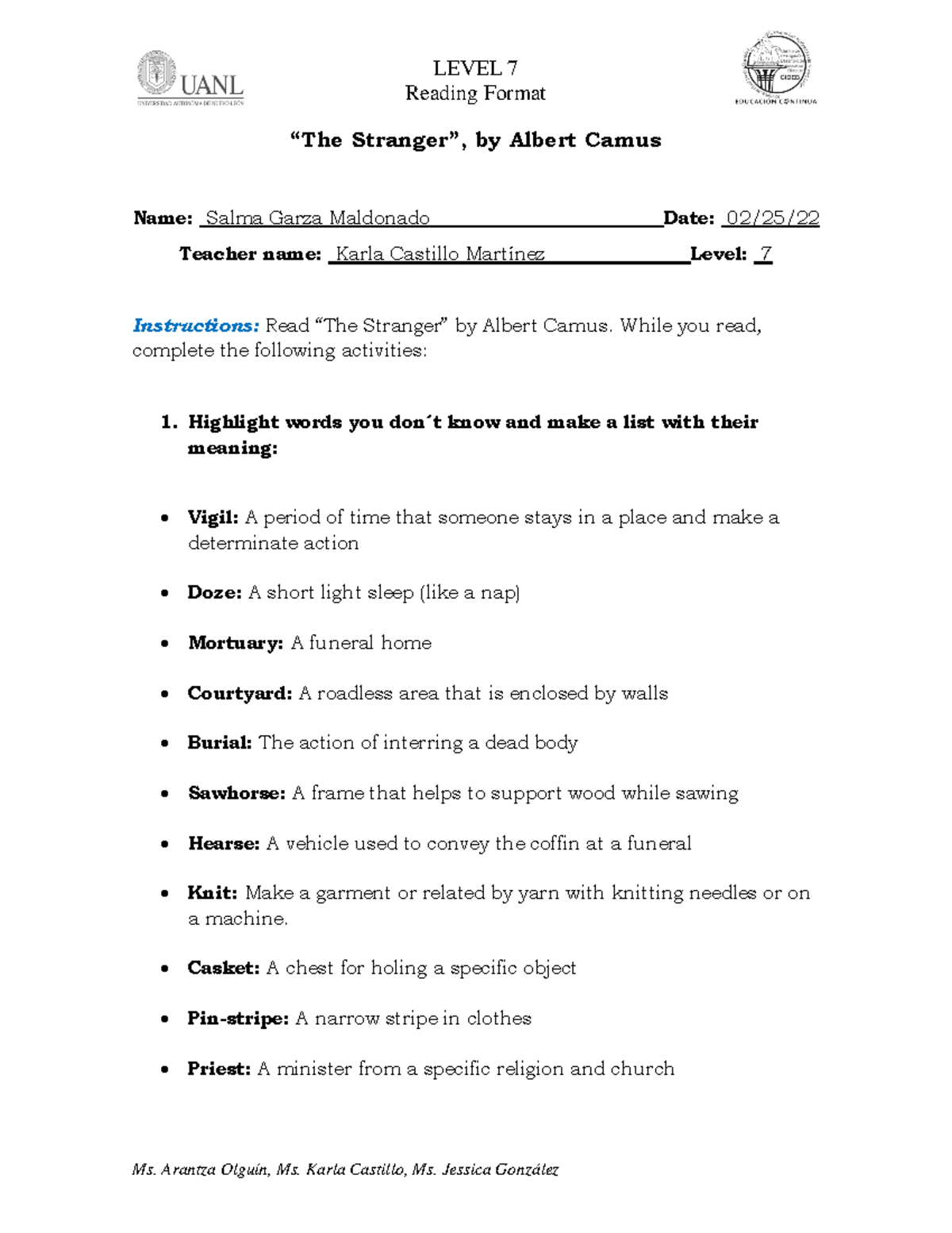 LP4- Albert Camus Homework - LEVEL 7 Reading Format Ms. Arantza Olguín ...