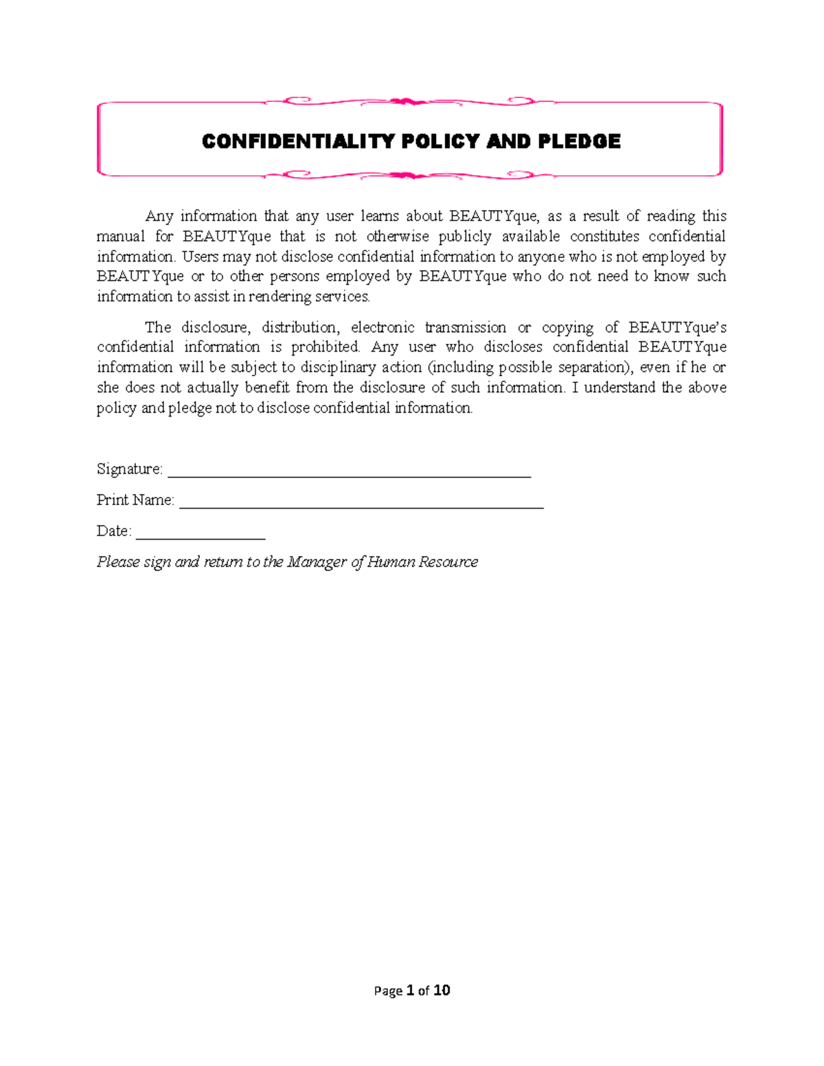 Beautyque Company Handbook - CONFIDENTIALITY POLICY AND PLEDGE Any ...
