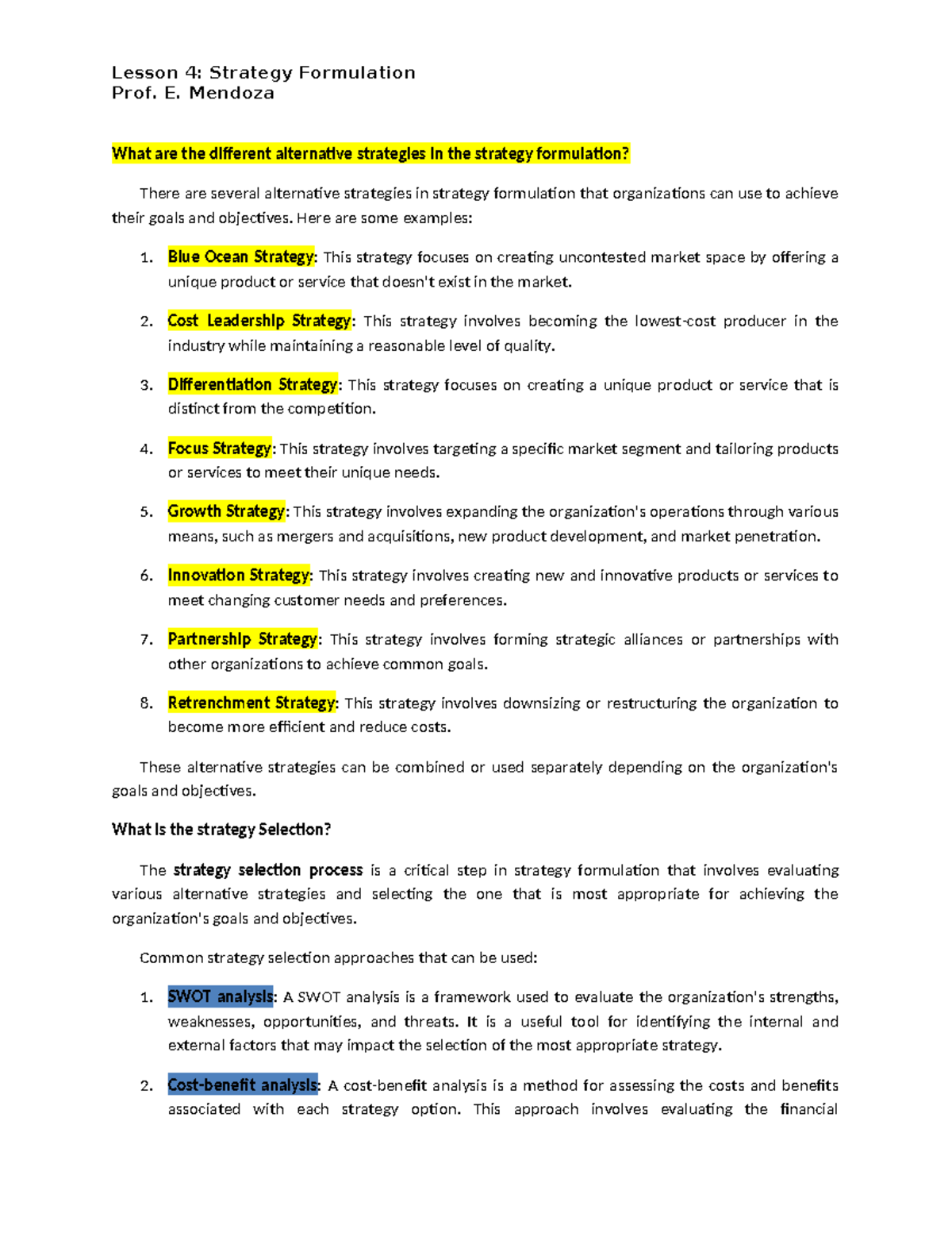 Lesson 4 Strategic Formulation - Lesson 4: Strategy Formulation Prof. E ...