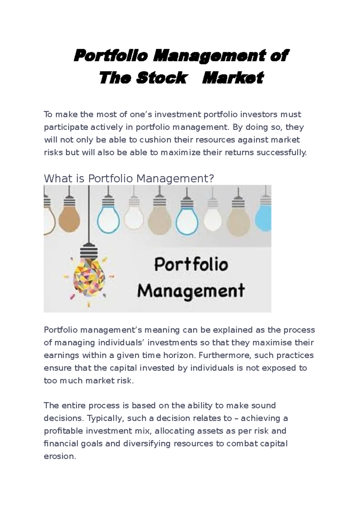 Portfolio Management of The Stock Market - Portfolio Management of The ...