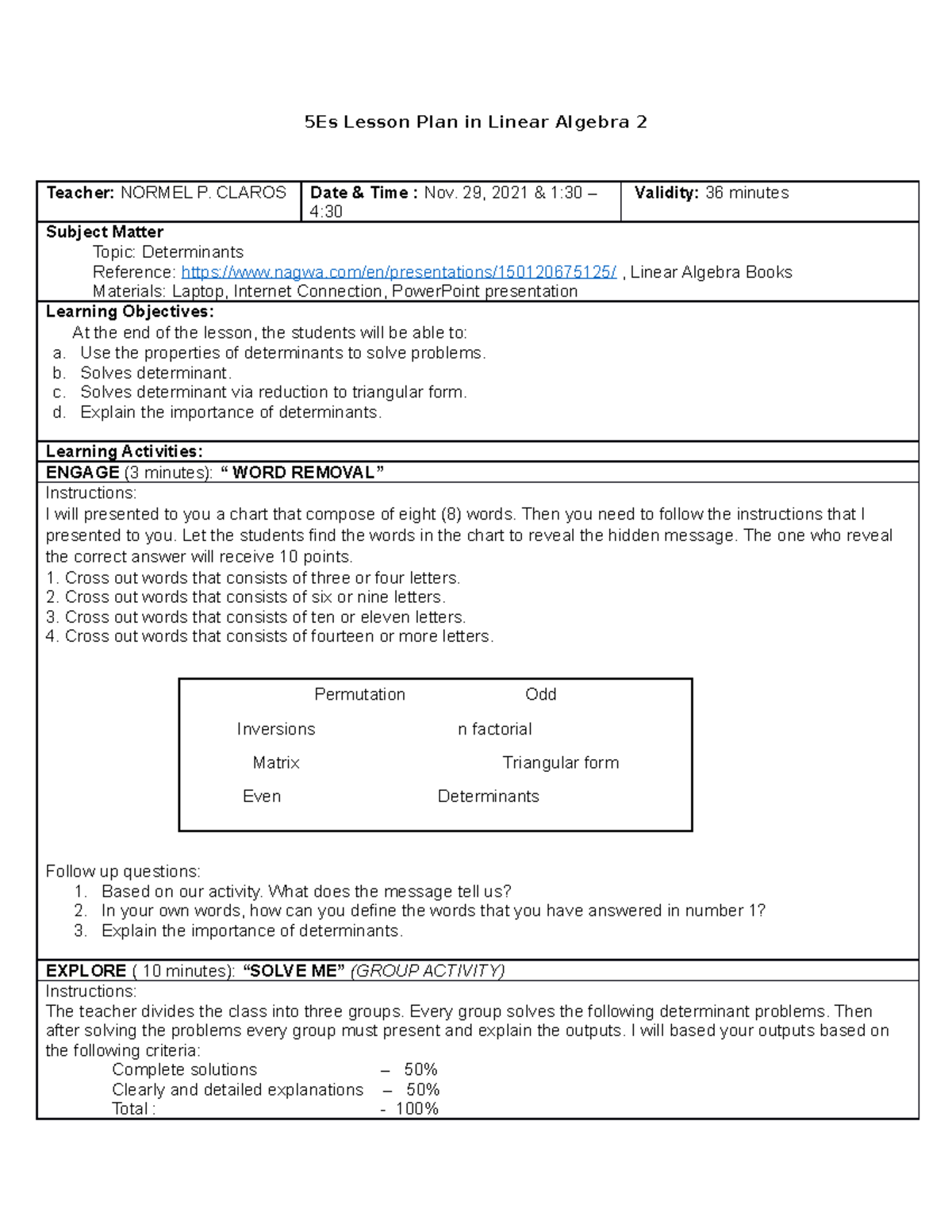 5Es Lesson Plan in Linear Algebra 2 - CLAROS Date & Time : Nov. 29 ...