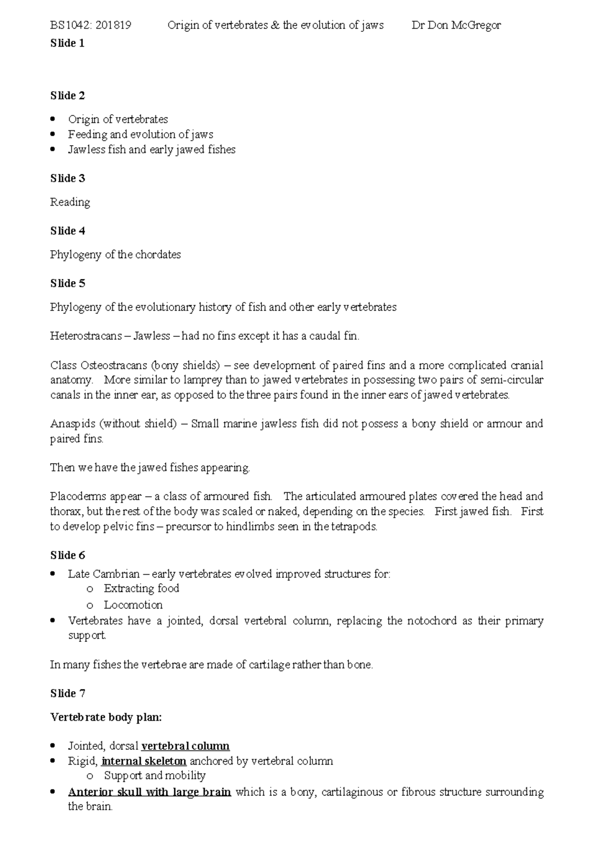 Don L4 Origin of Vertebrates and Evo of Jaws 2019 20 notes - BS1042 ...