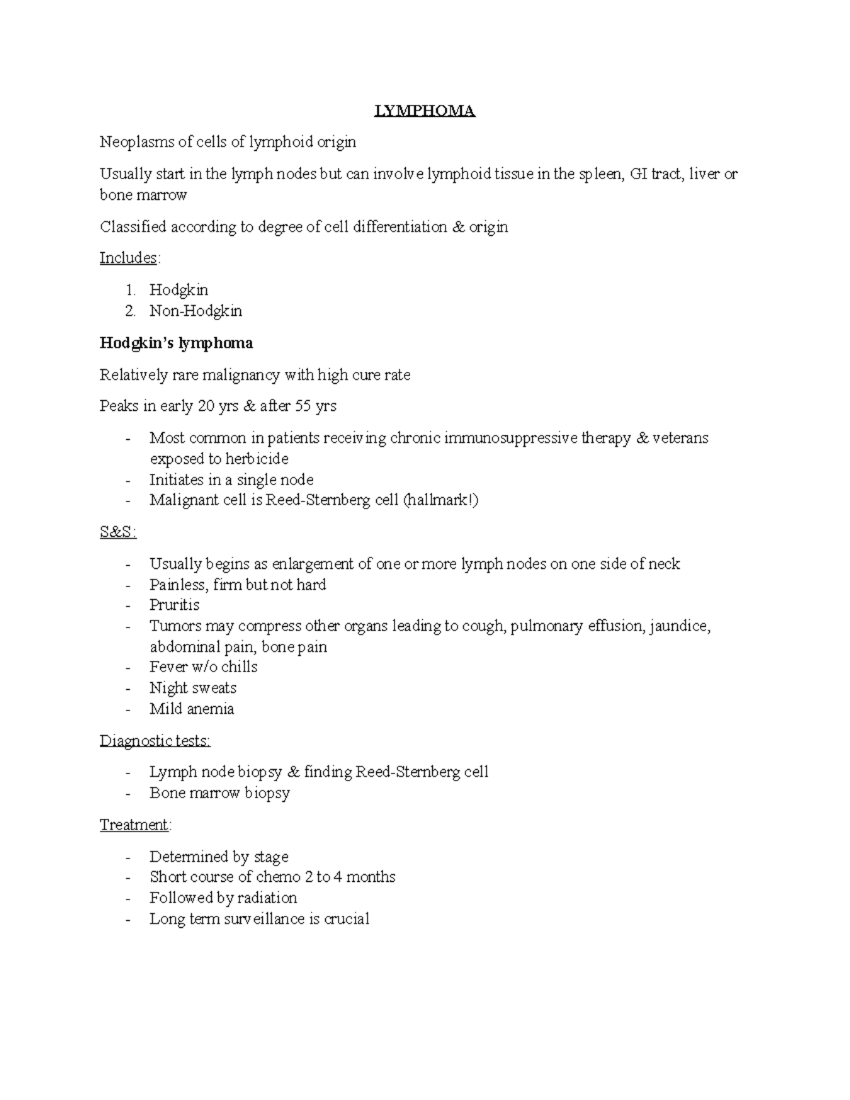 Lymphoma - notes - LYMPHOMA Neoplasms of cells of lymphoid origin ...